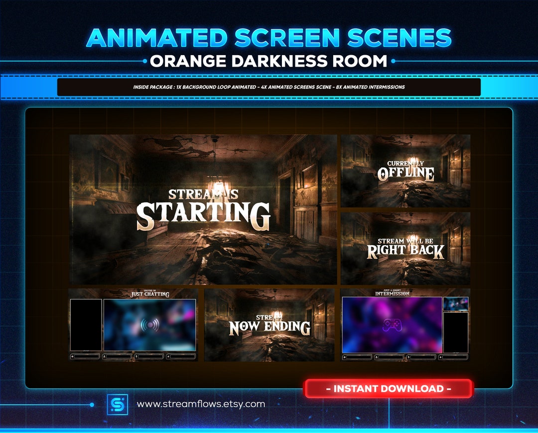 6x Orange Darkness Room Animated Stream Screens Scene Pack for Twitch,kick,youtube | Starting ...