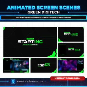 6x Green Digitech Animated Stream Screens Scene Pack for Twitch,kick ...