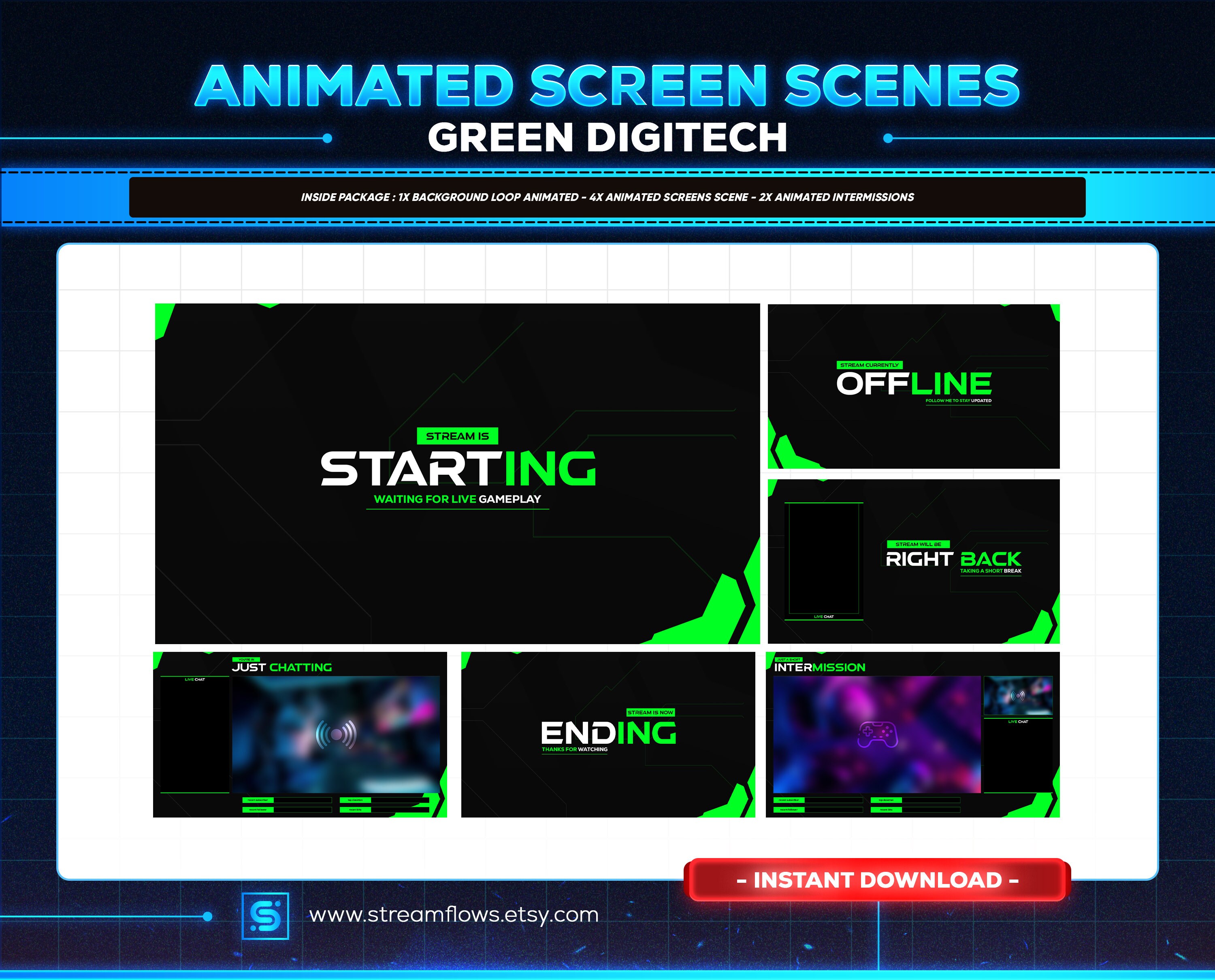 6x Green Digitech Animated Stream Screens Scene Pack for Twitch,kick ...