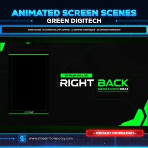 6x Green Digitech Animated Stream Screens Scene Pack for Twitch,kick ...