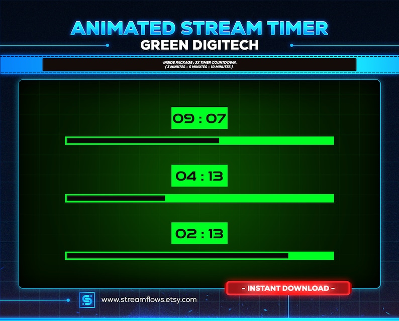 3x Green Digitech Animated Stream Timer Countdown Pack for Twitch, Kick ...