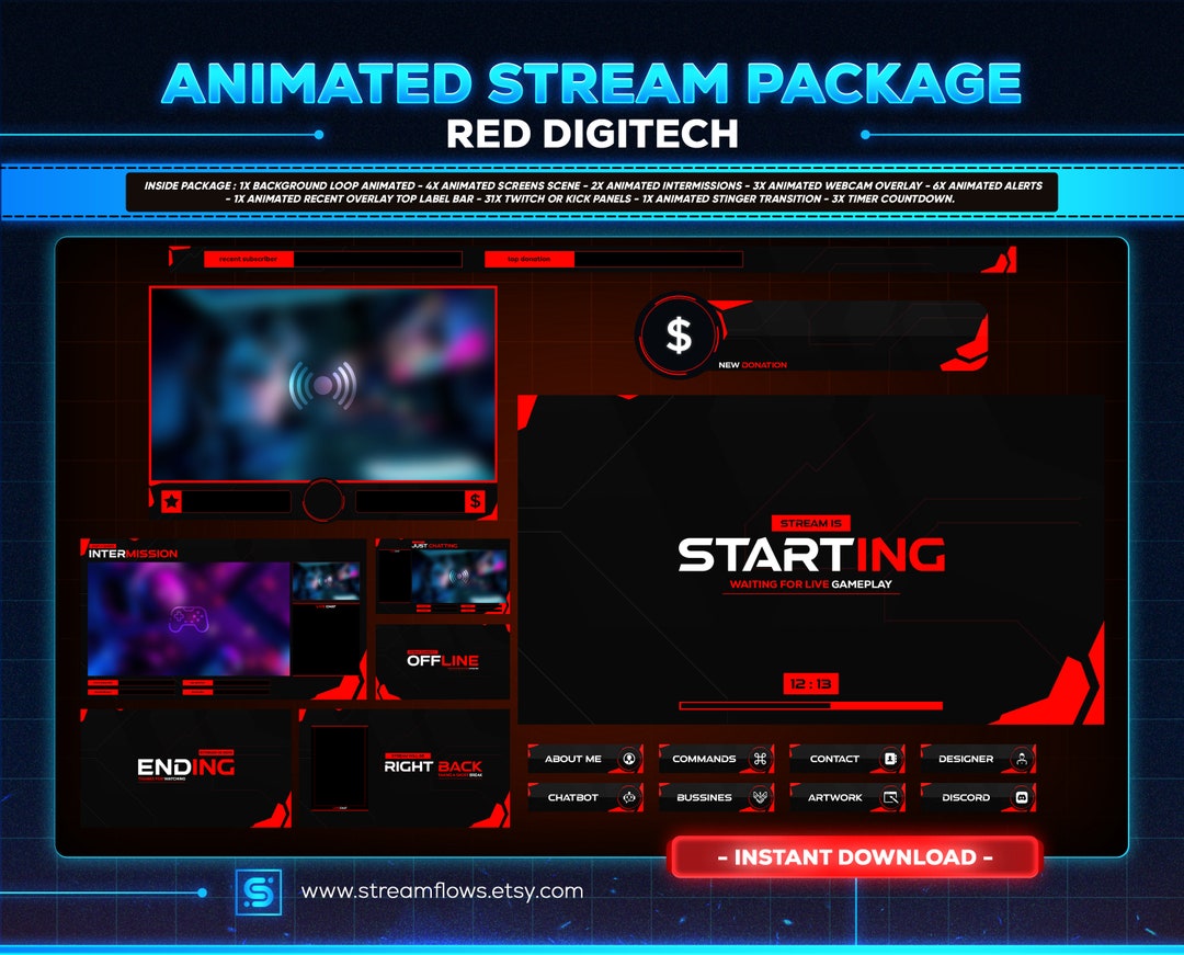Red Digitech Animated Stream Overlay Pack for Twitch,kick,youtube ...