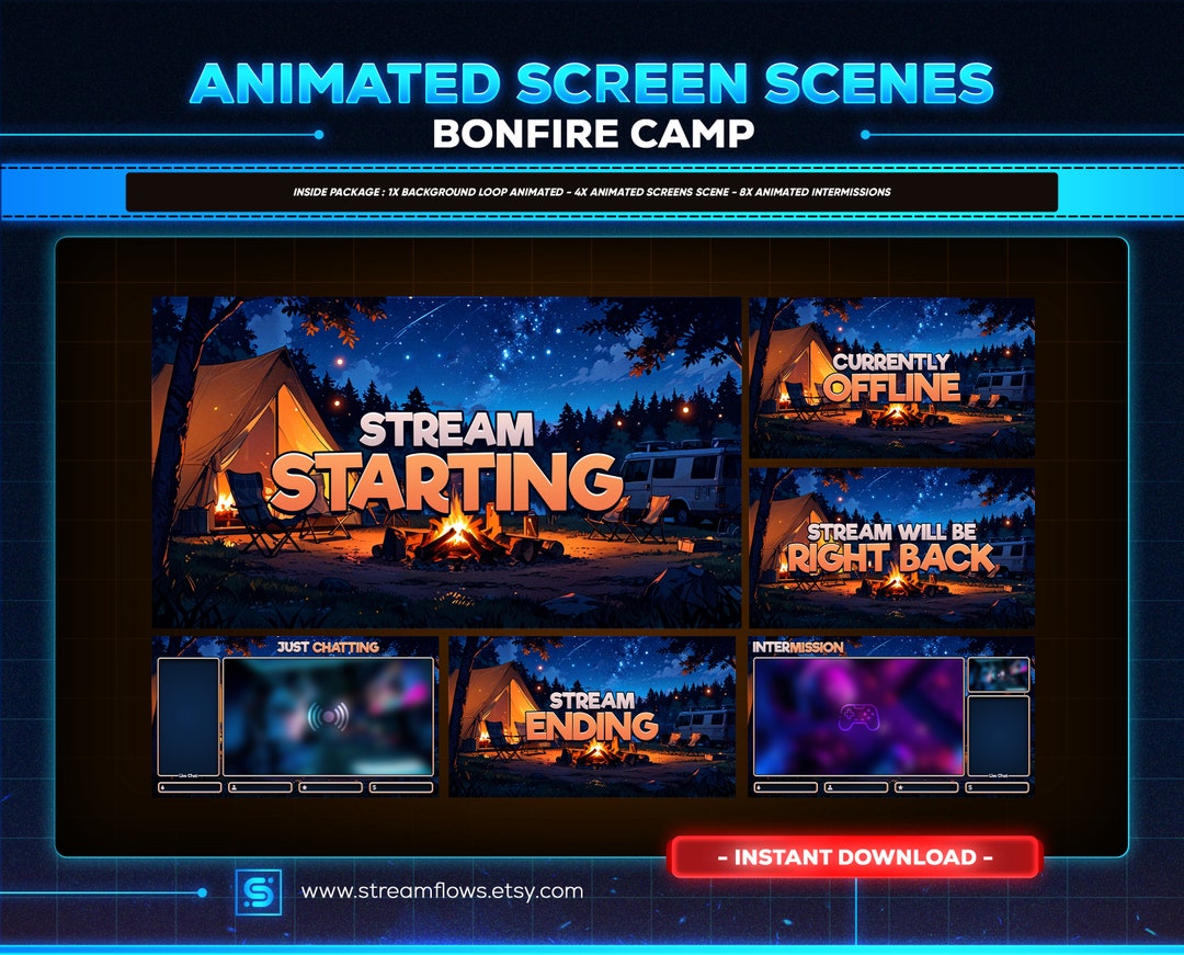 6x Bonfire Camp Animated Stream Screens Scene Pack for Twitch,kick ...