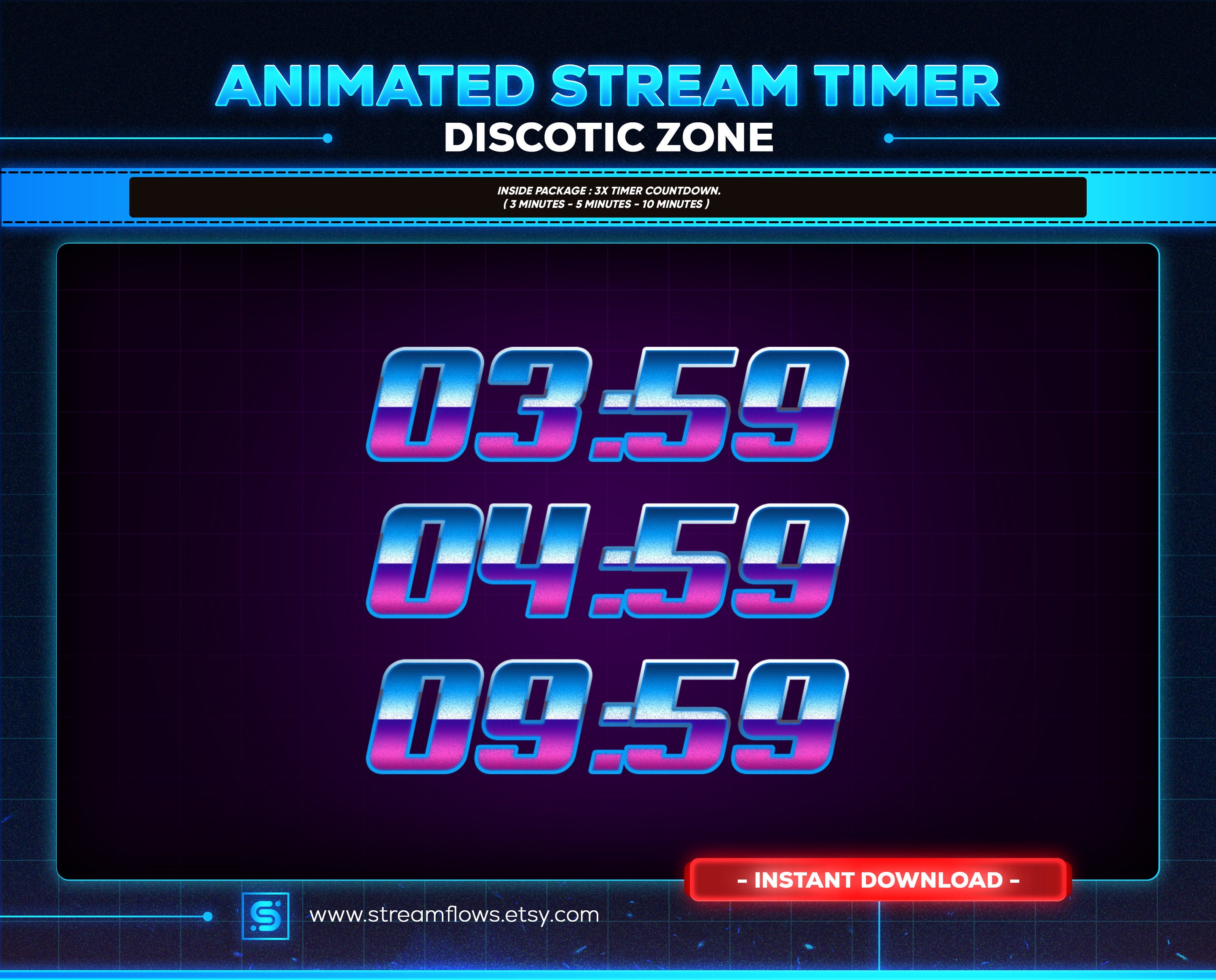 3x Discotic Zone Animated Stream Timer Countdown Pack for Twitch, Kick ...