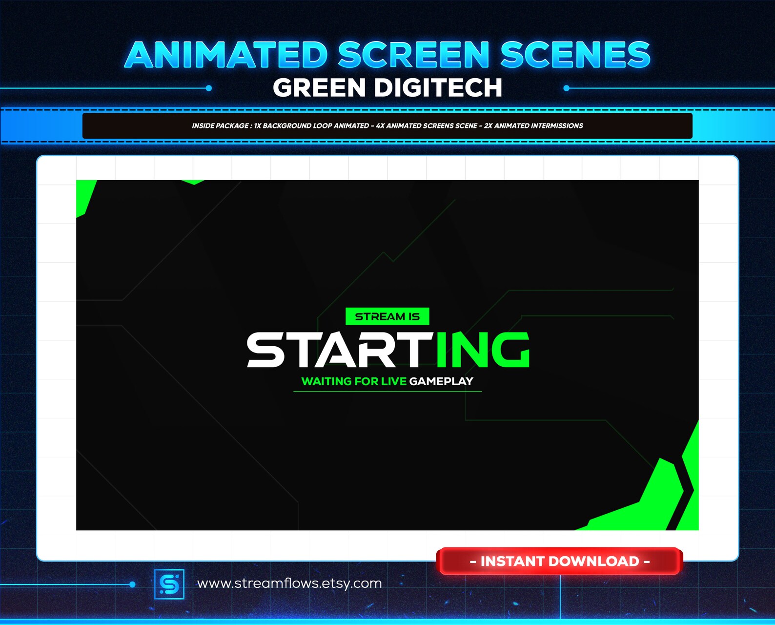 6x Green Digitech Animated Stream Screens Scene Pack for Twitch,kick ...