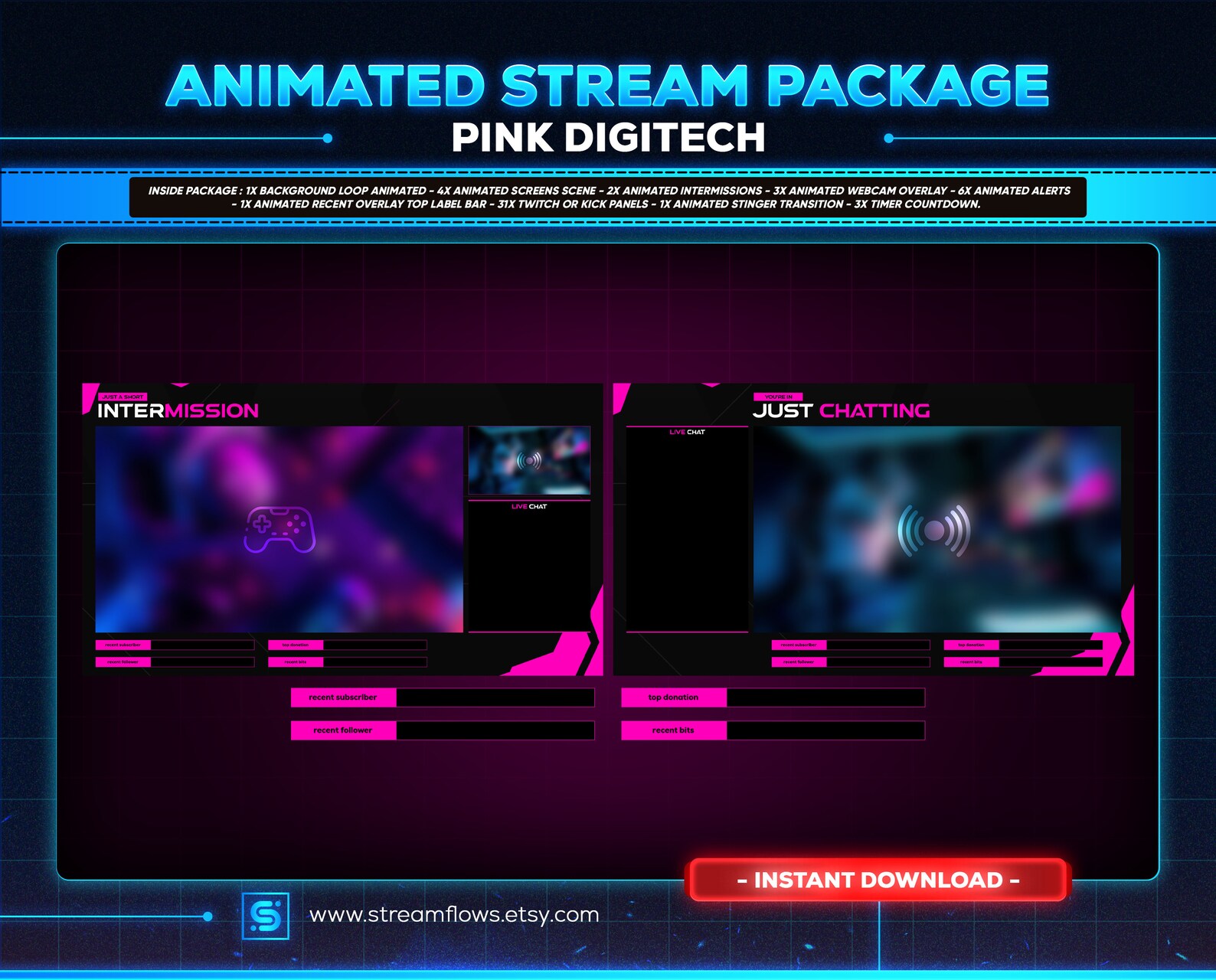 Pink Digitech Animated Stream Overlay Pack for Twitch,kick,youtube ...