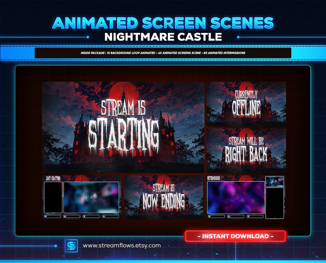 6x Nightmare Castle Animated Stream Screens Scene Pack for Twitch,kick ...