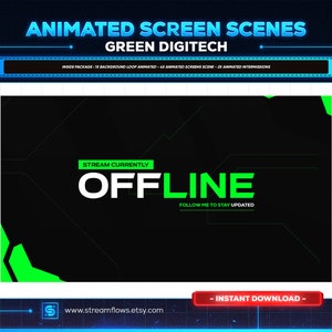 6x Green Digitech Animated Stream Screens Scene Pack for Twitch,kick ...