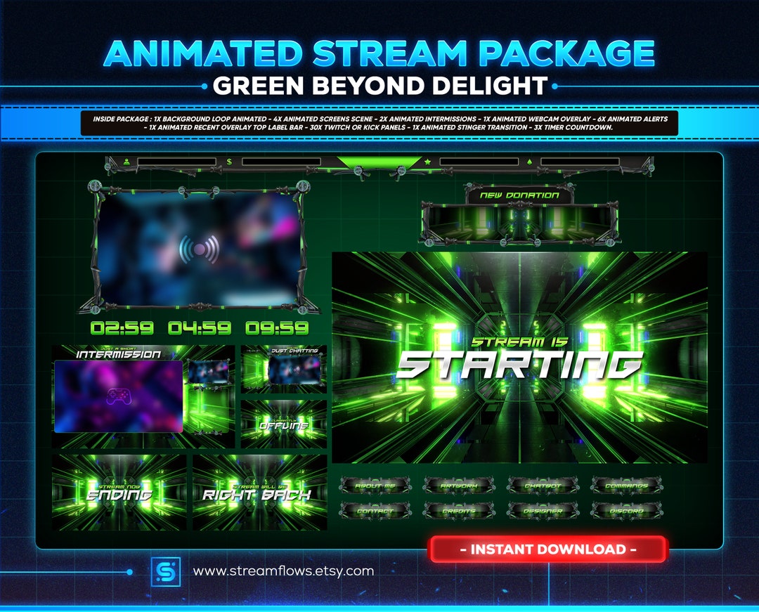 Animated Neon Green Stream Overlay Package: Futuristic Twitch, Youtube ...