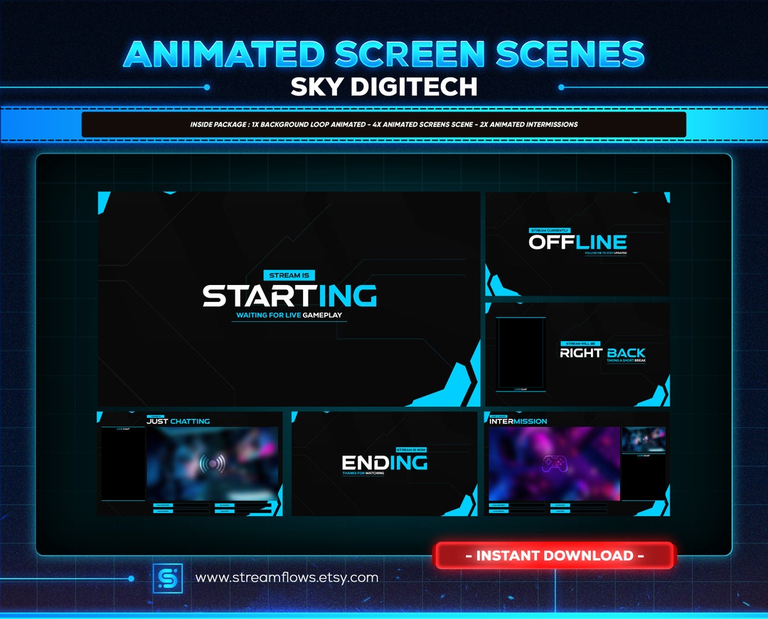 Sky Digitech Animated Stream Screens Scene Pack for Twitch,kick,youtube ...
