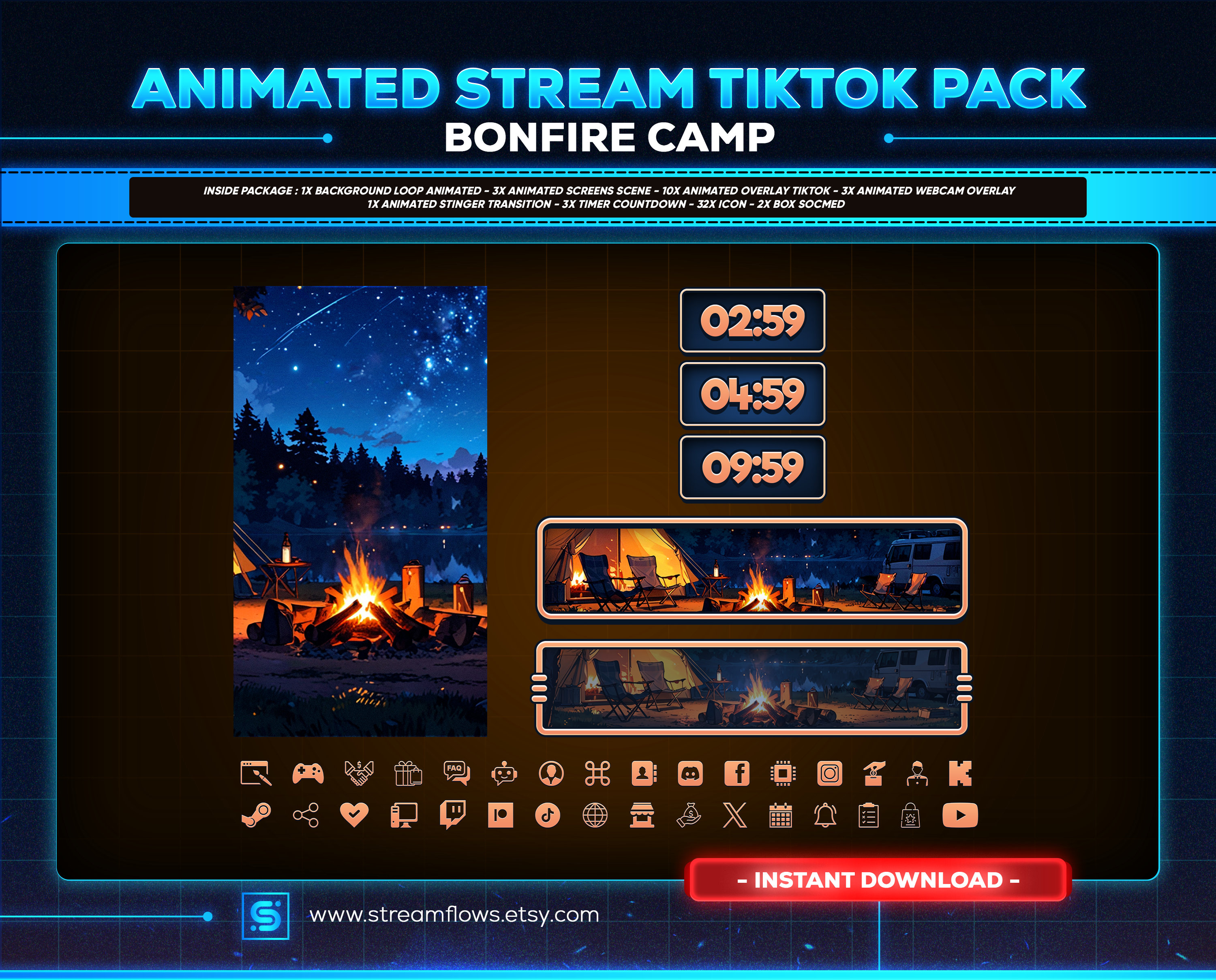 Bonfire Camp Animated Tiktok Live Streaming Overlays Package | Screens ...