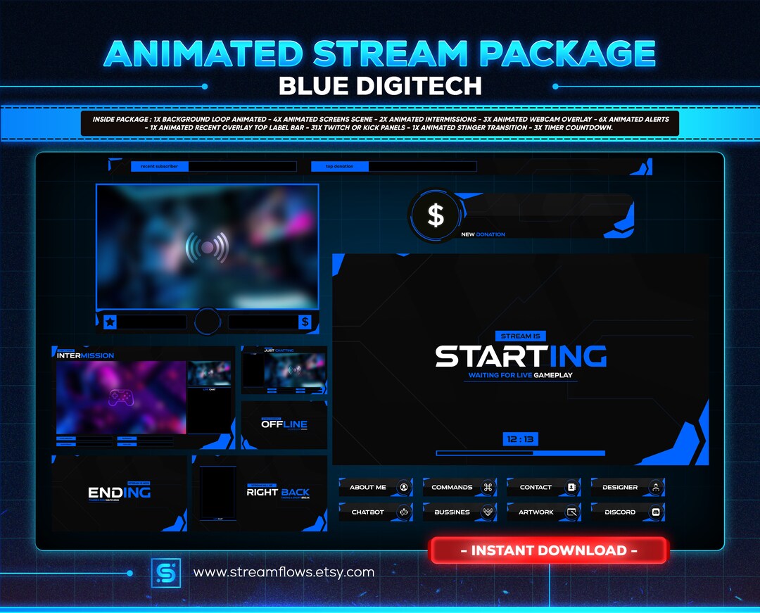 Animated BLUE Stream Overlays Package for Twitch, Youtube, OBS ...