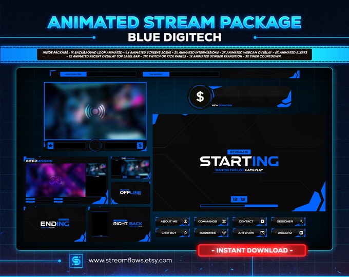 Animated Blue Neon Stream Overlay Package: Topographic Dark Style ...