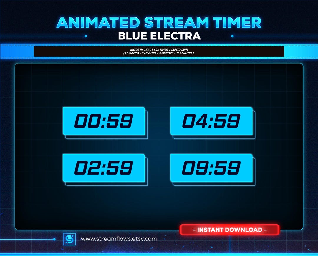 4x Blue Electra Animated Stream Timer Countdown Pack for Twitch, Kick ...