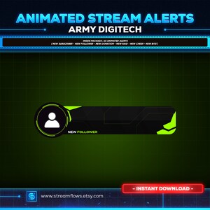 6x Army Digitech Animated Stream Alerts Overlay Pack for Twitch,kick,youtube | Complete ...
