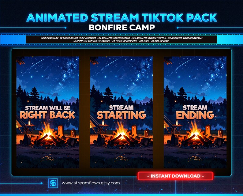 Bonfire Camp Animated Tiktok Live Streaming Overlays Package | Screens ...