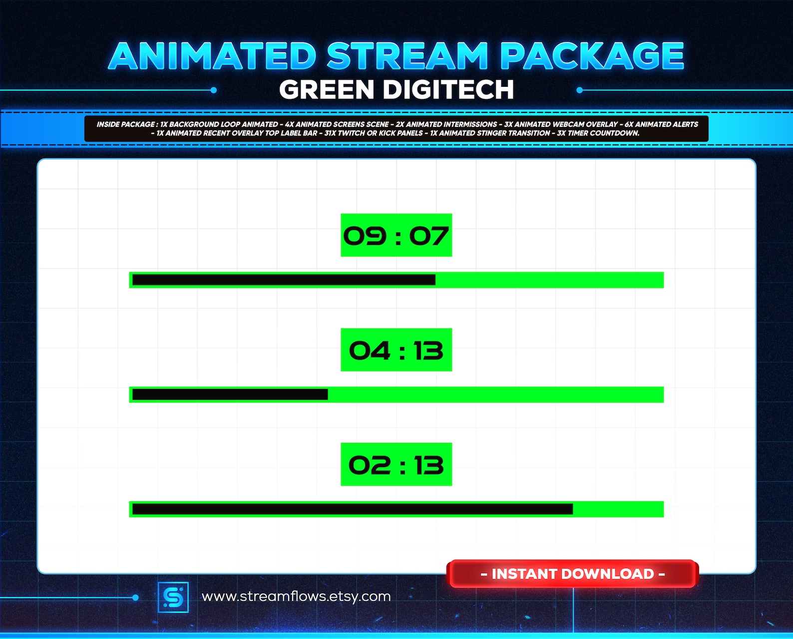 3x Green Digitech Animated Stream Timer Countdown Pack for Twitch, Kick ...