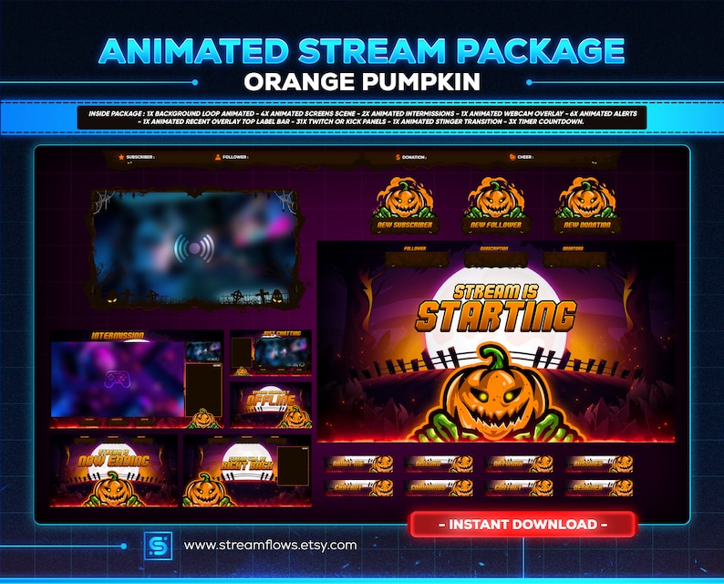 Orange Pumpkin Animated Stream Overlay Pack for Twitch,kick,youtube ...