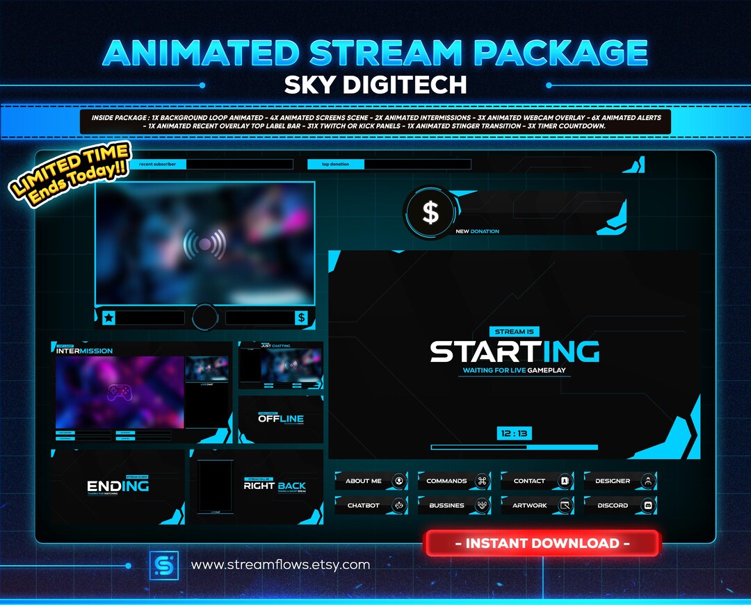 Blue Cyberpunk Animated Twitch - Kick - Youtube Stream Overlay Pack for ...
