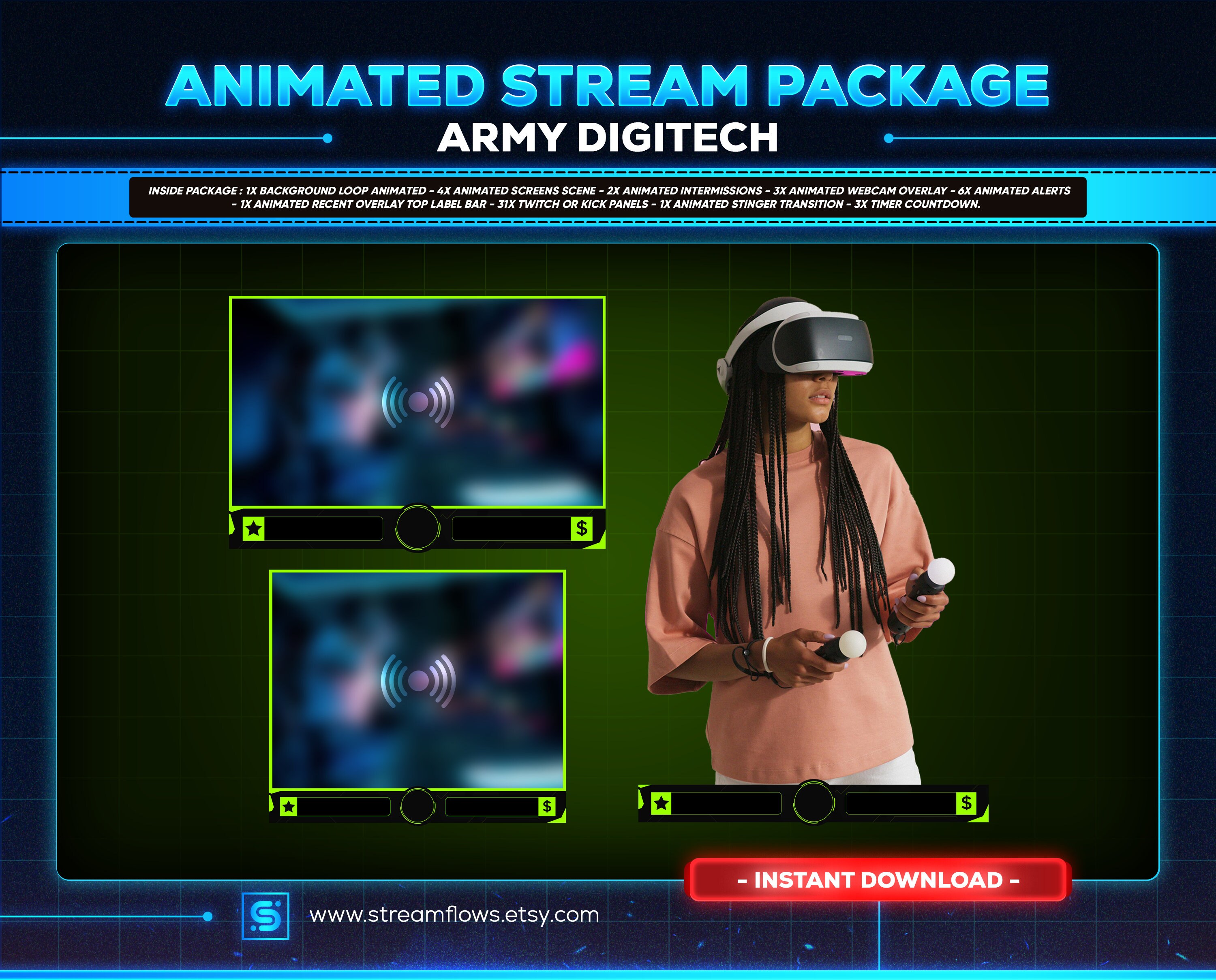 Army Digitech – Tactical Animated Stream Overlay Pack | Twitch, OBS, Kick, Vtuber Military Theme ...
