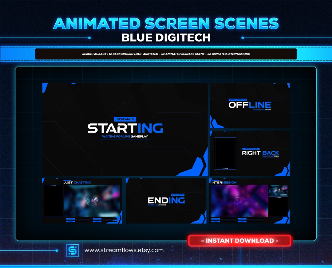 6x Blue Digitech Animated Stream Screens Scene Pack for Twitch,kick ...
