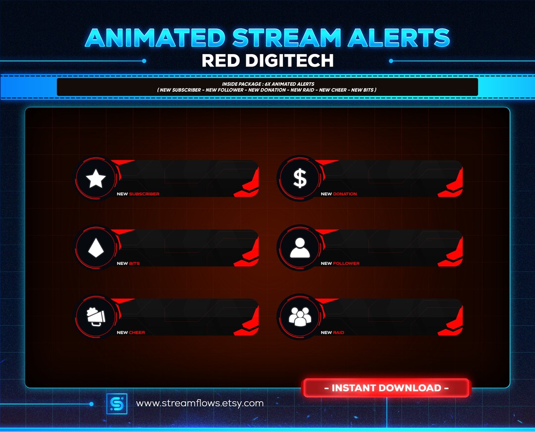 6x Red Digitech Animated Stream Alerts Overlay Pack for Twitch,kick ...