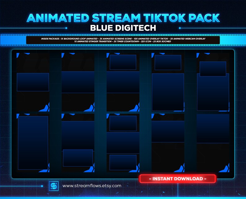 Blue Digitech Animated Stream Overlay Package | Cyberpunk Tiktok ...