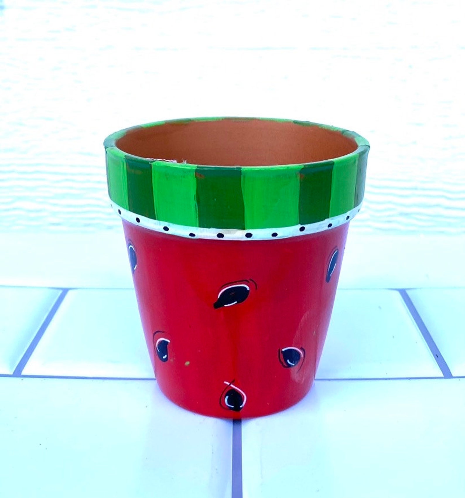 Hand Painted Terra Cotta Watermelon Pot, Garden Decor, Summer Party ...