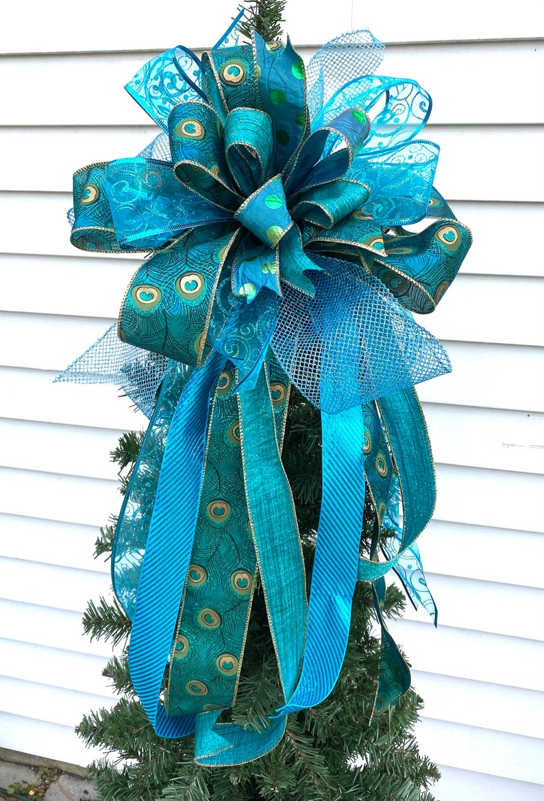 Peacock Christmas Tree Topper Green Ribbon Tree Topper - Etsy