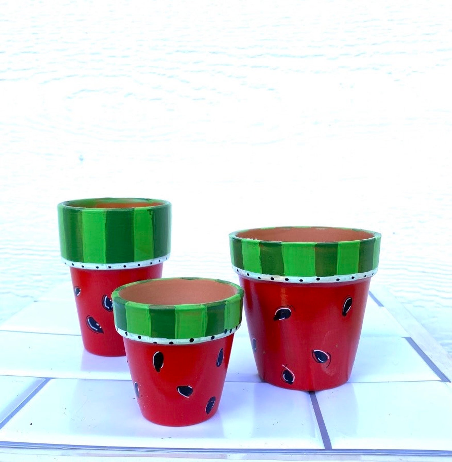 Hand Painted Terra Cotta Watermelon Pot, Garden Decor, Summer Party ...