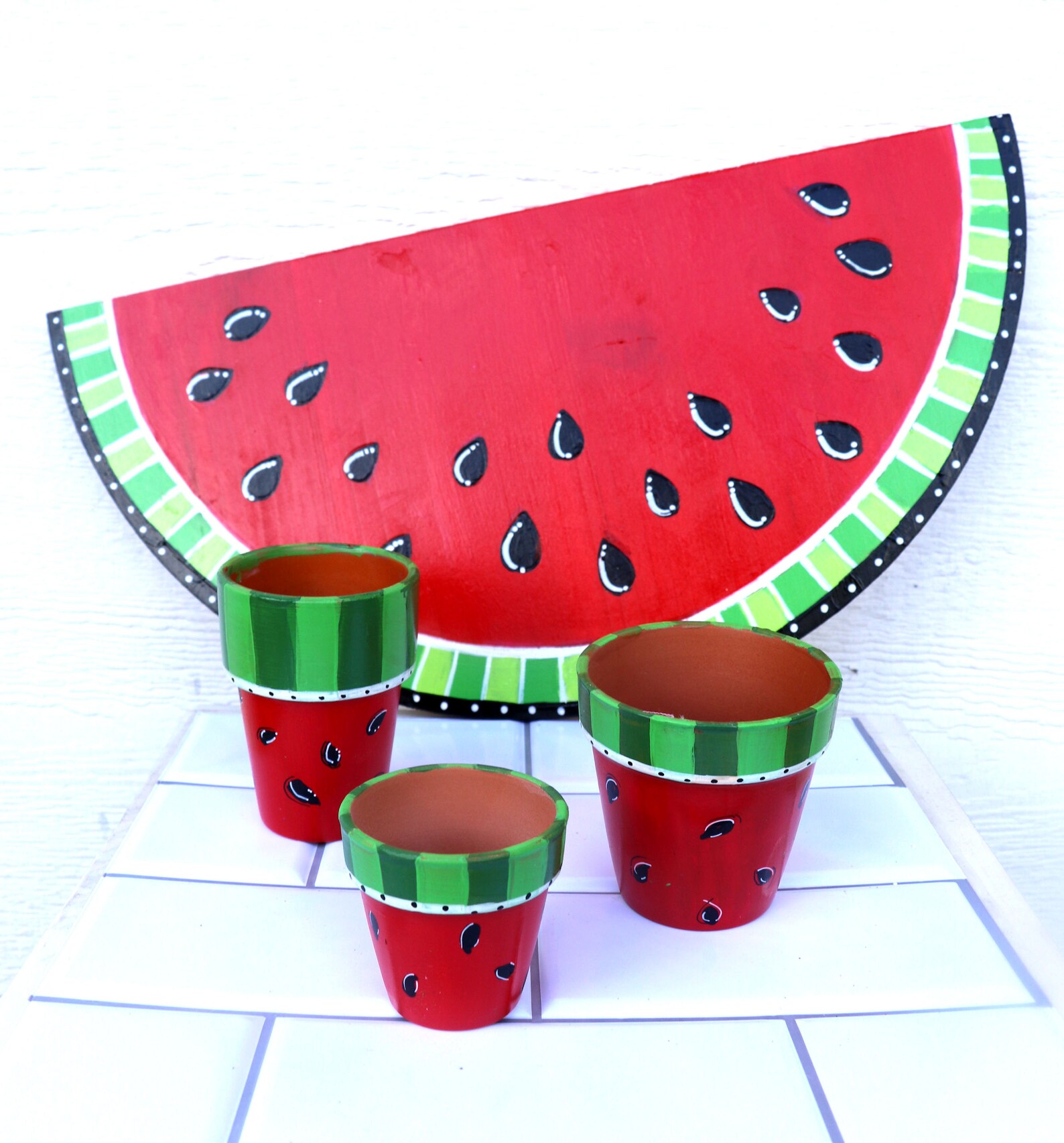 Hand Painted Terra Cotta Watermelon Pot, Garden Decor, Summer Party ...