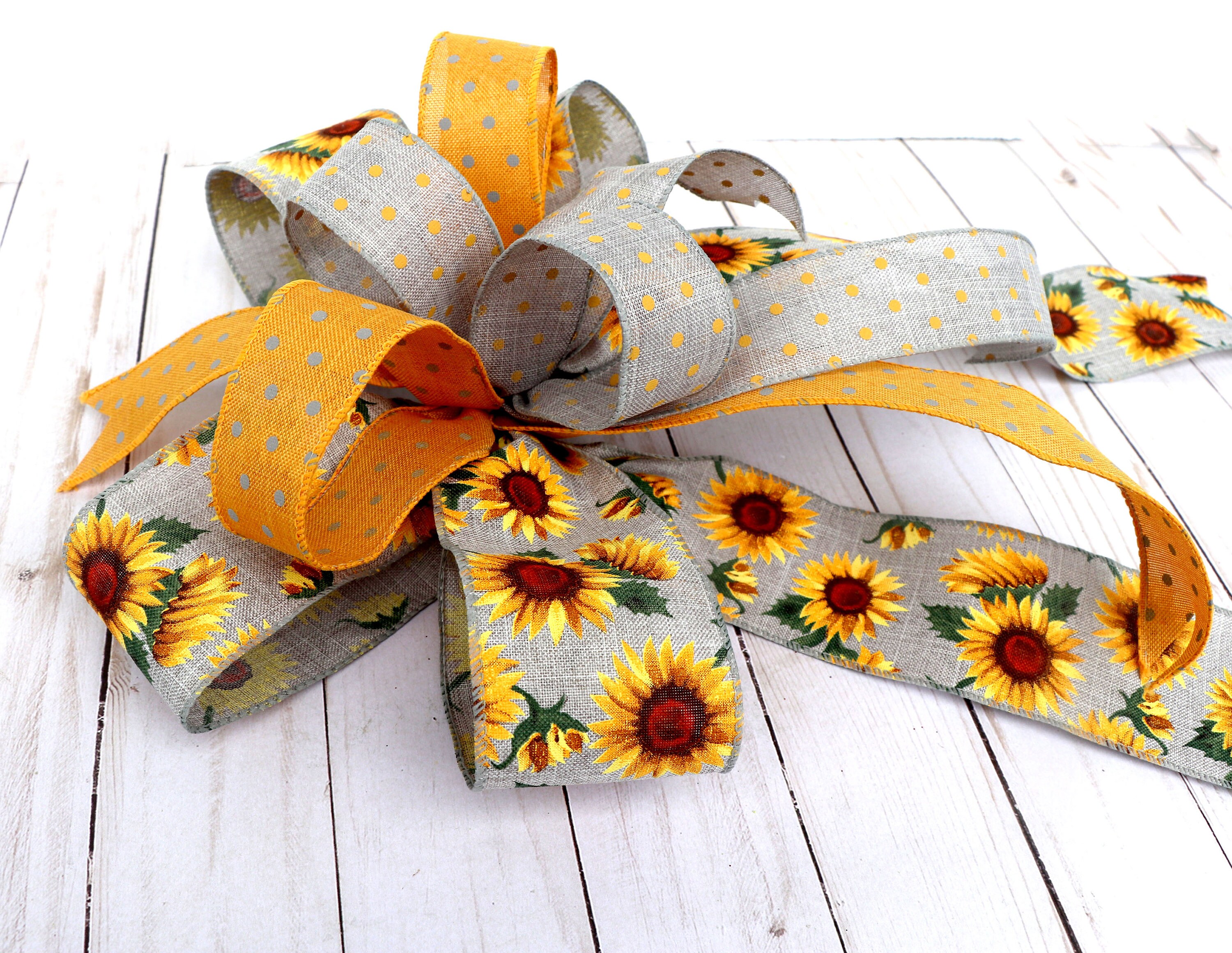 Sunflower Fall Wreath Bow, Gray & Gold Ribbon, Thanksgiving Decor - Etsy
