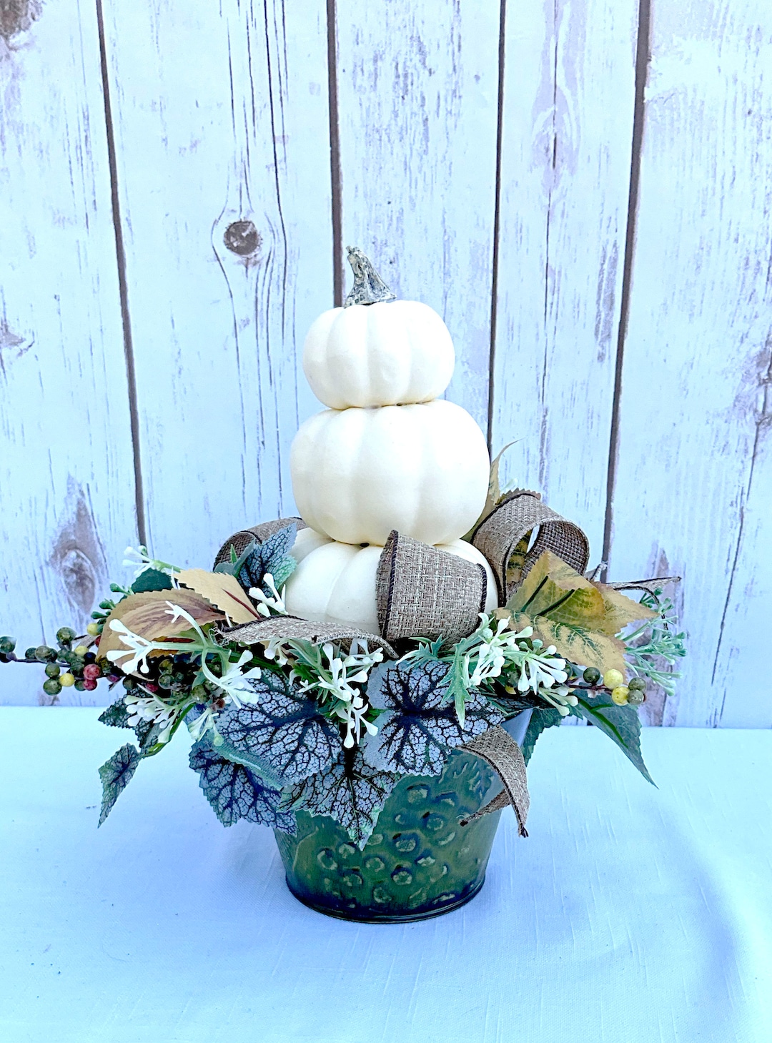 White Pumpkin Topiary Fall Farmhouse Stacked Pumpkins - Etsy