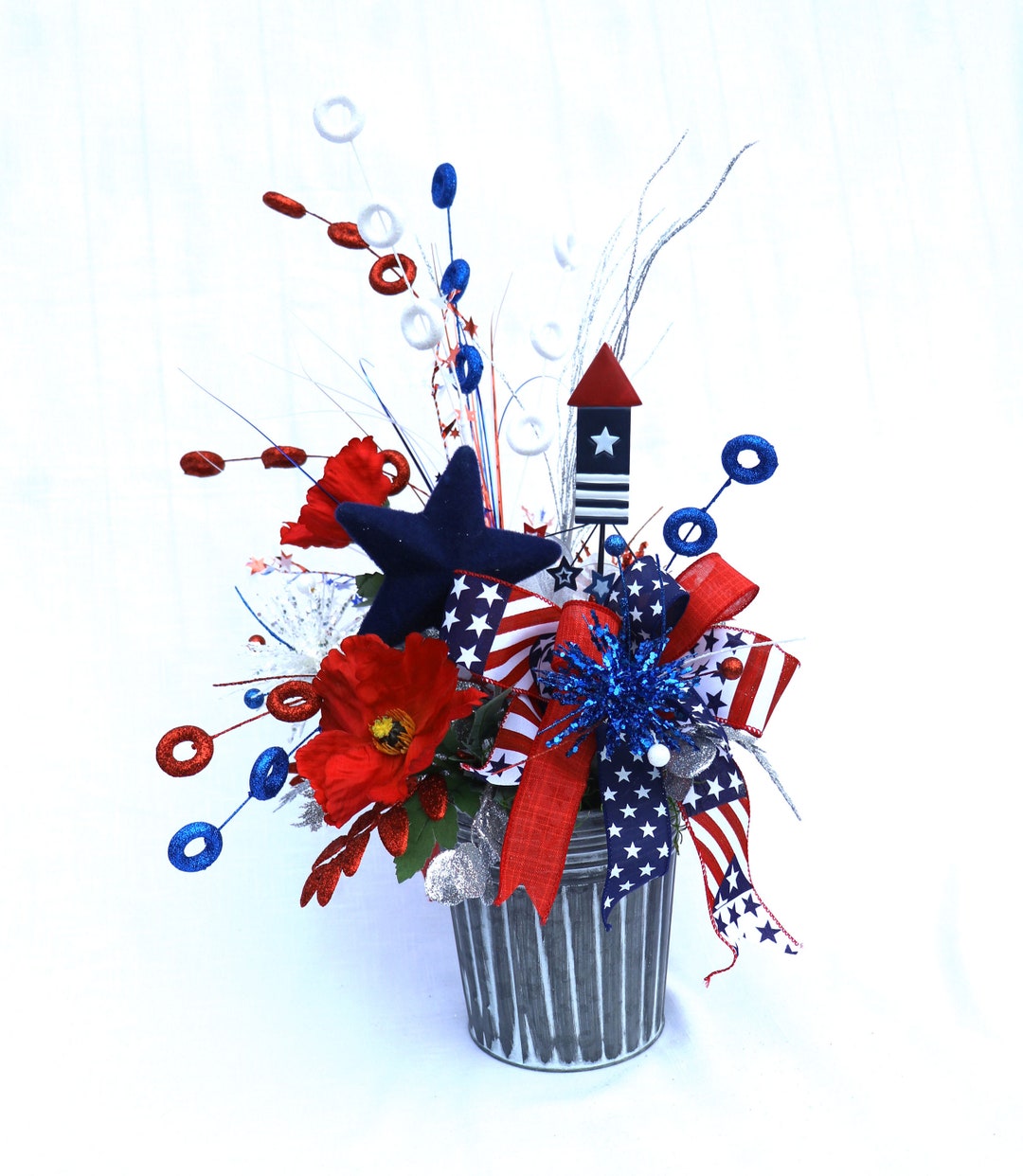 Patriotic Floral Centerpiece, Red White Blue Stars, 4th of July Decor ...