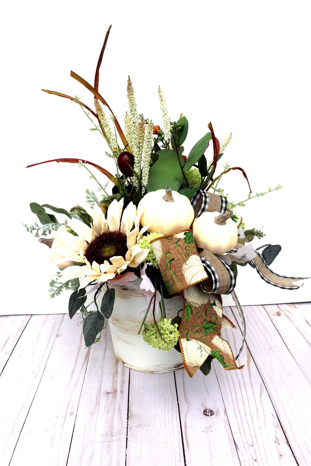 Thanksgiving Dining Table Centerpiece,white Pumpkins, Cream Sunflower ...