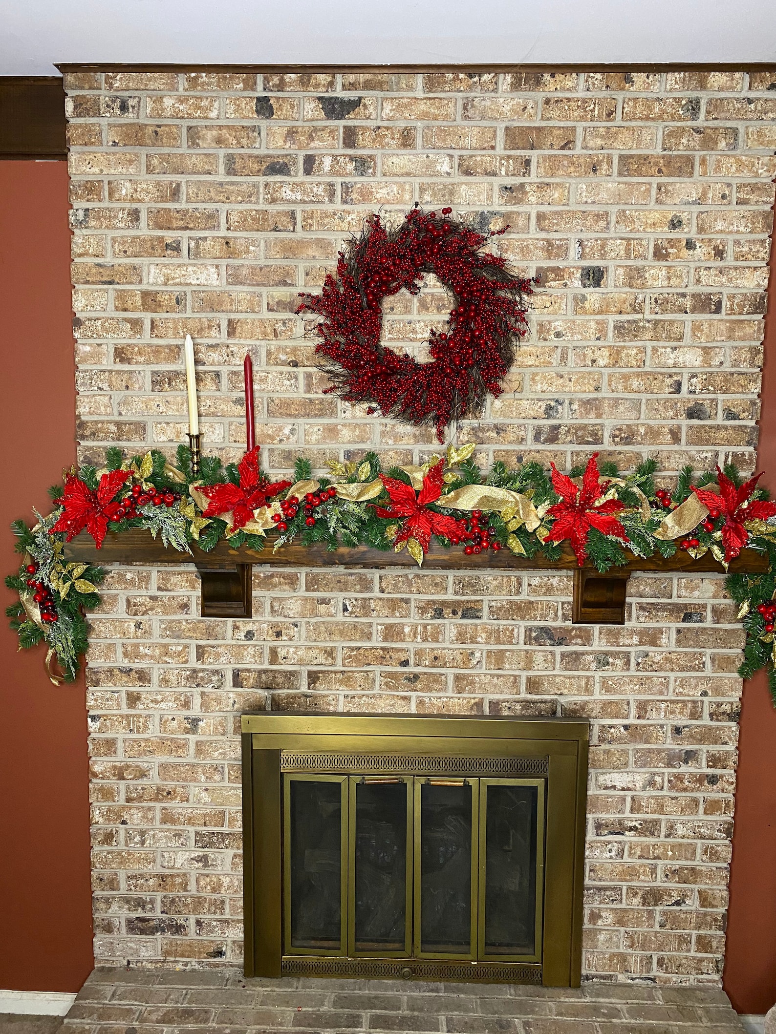 Christmas Mantle Garland Red Poinsettia and Gold Garland - Etsy