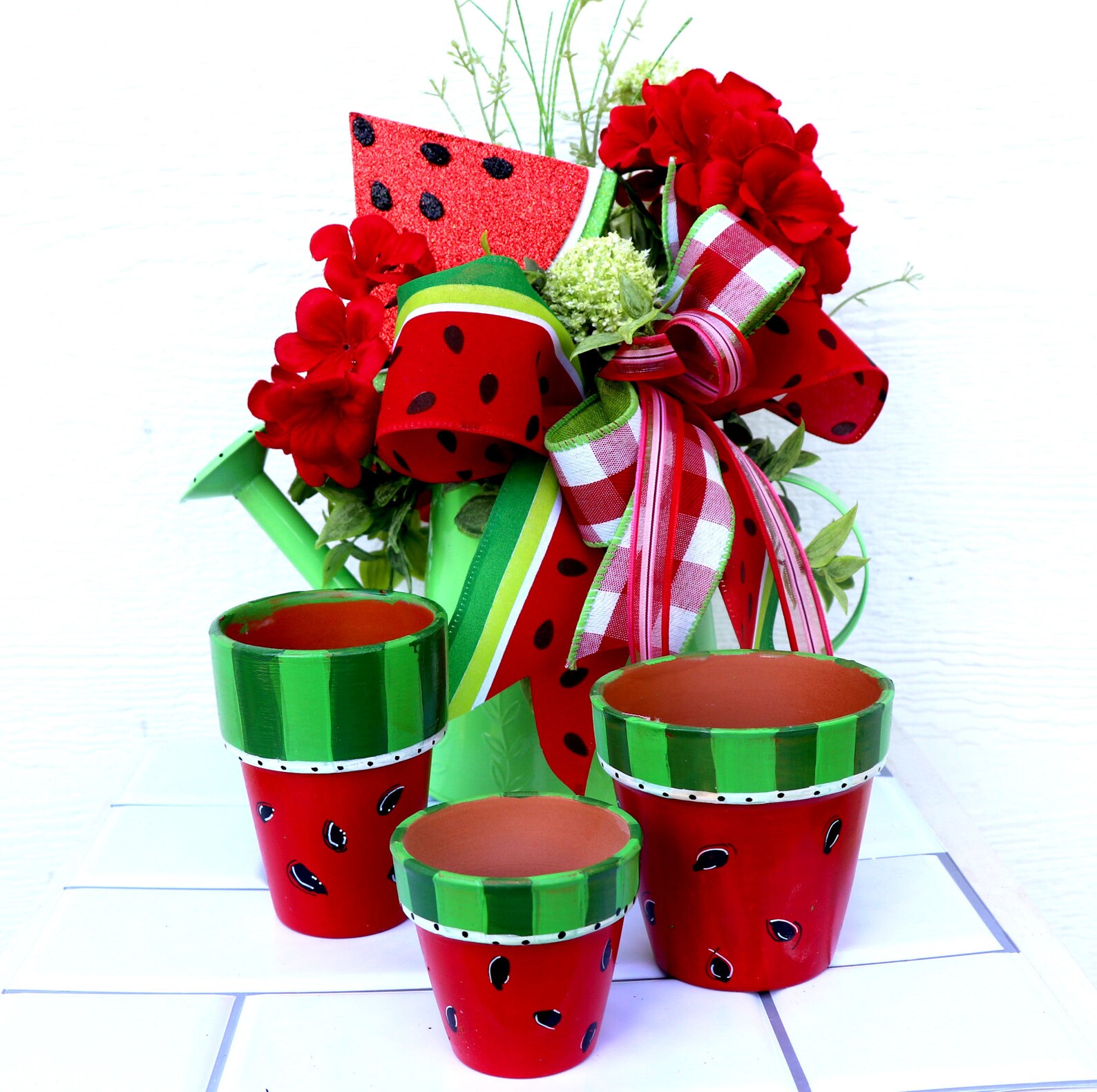 Hand Painted Terra Cotta Watermelon Pot, Garden Decor, Summer Party ...