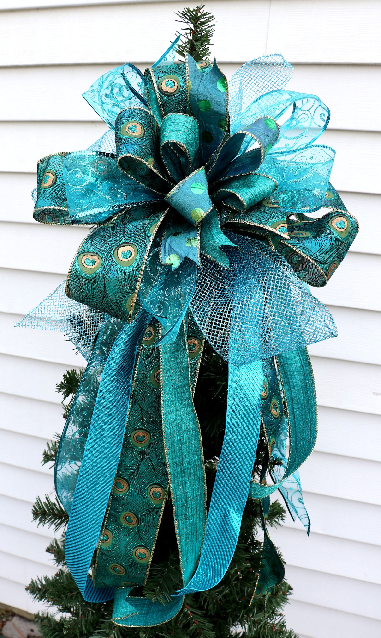 Peacock Christmas Tree Topper Green Ribbon Tree Topper - Etsy
