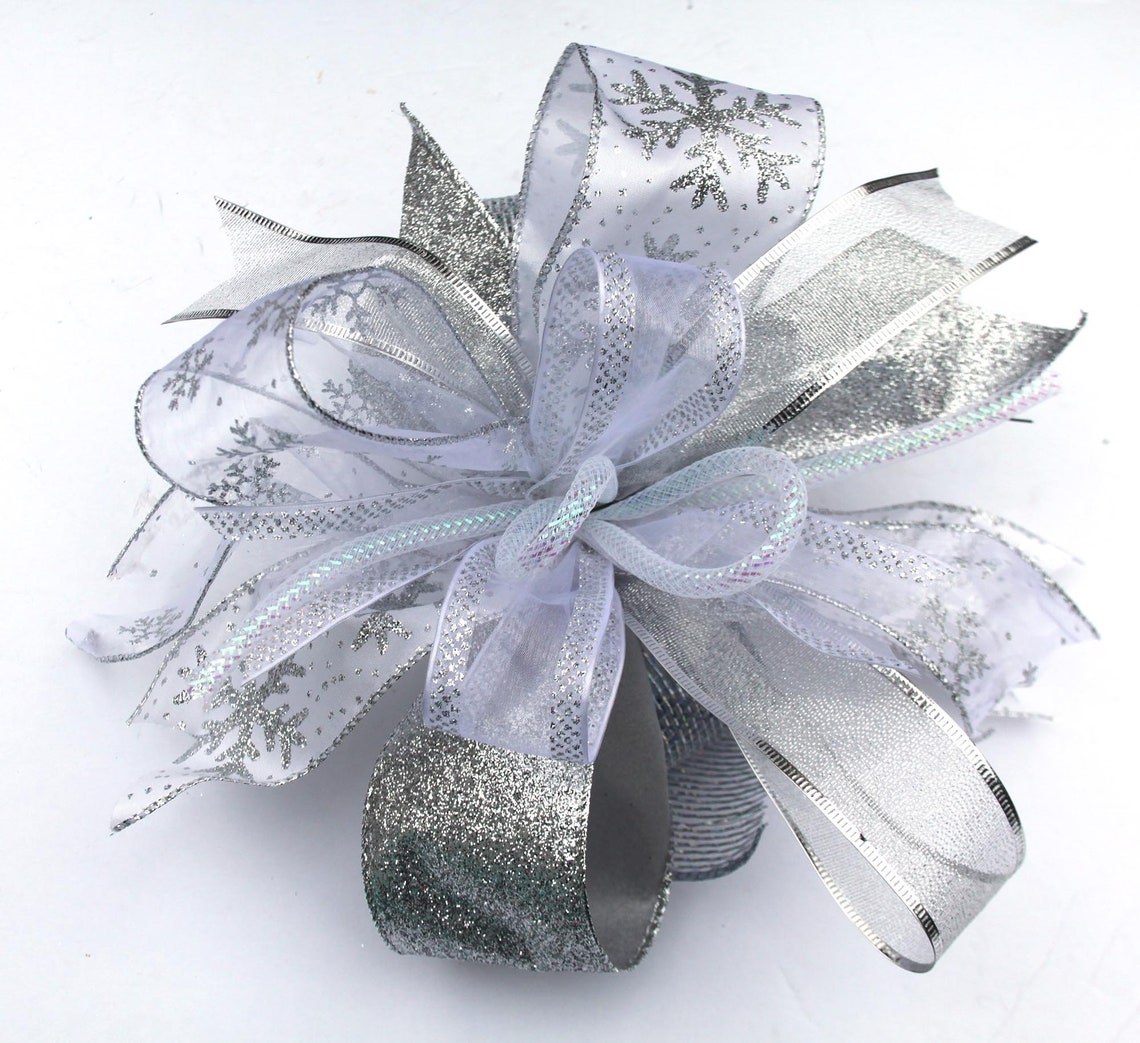 White Silver Christmas Bow for Wreaths, Mantle Bow, Lantern Bow ...
