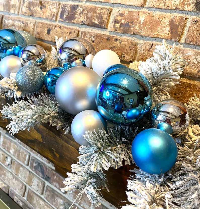 Mantle Garland Christmas Silver White Ice Blue Theme Ball - Etsy