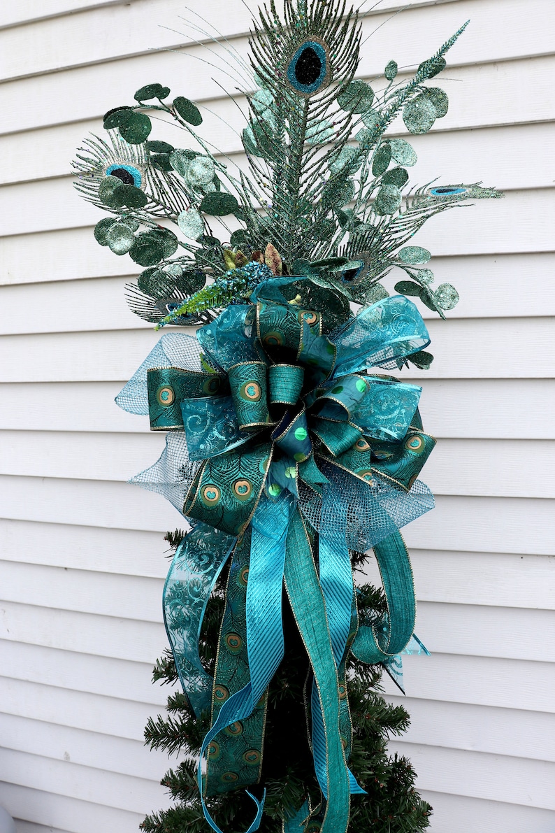 Peacock Christmas Tree Topper Green Ribbon Tree Topper - Etsy