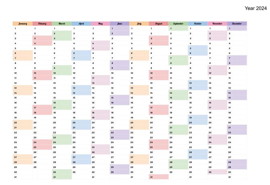 Full Year Block 2024 Wall Planner Calendar A5 Stationary Printable ...