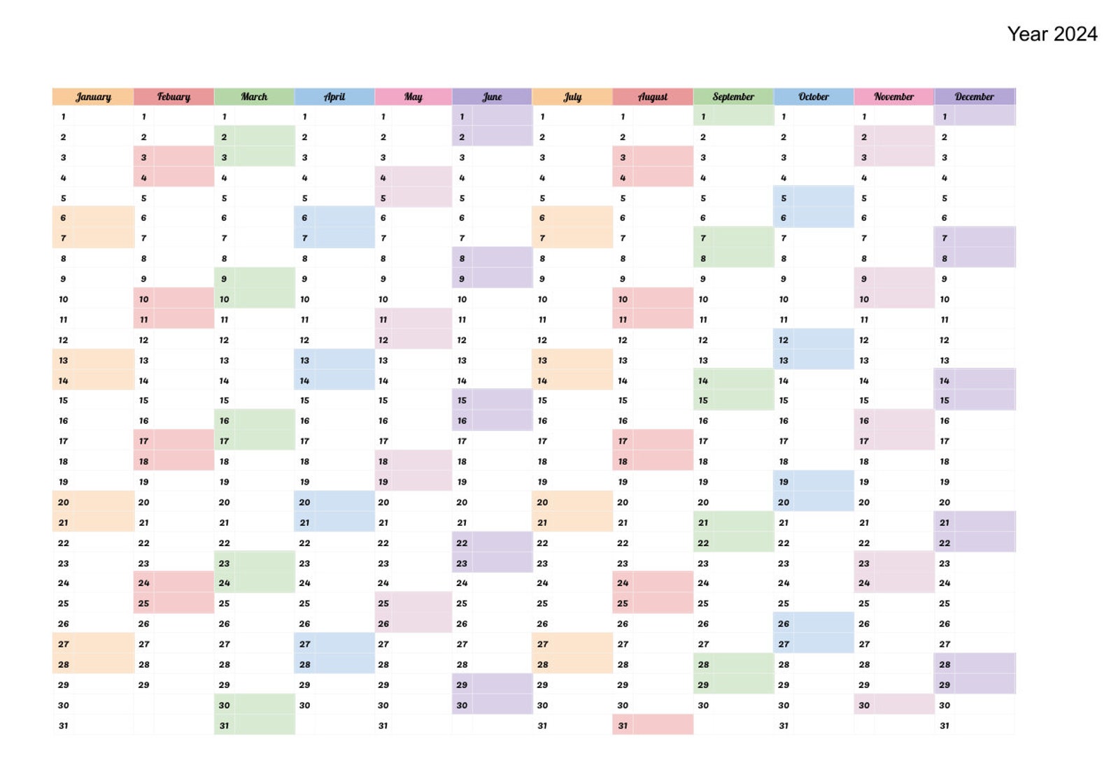 Full Year Block 2024 Wall Planner Calendar A5 Stationary Printable ...