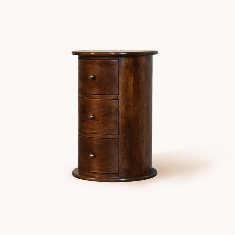 Round Barrel Bedside Table With Three Drawers Wooden Bedside Cabinet ...