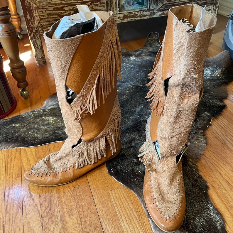 Fringe Moccasin Boots Suede Leather Mid Calf Flats - Etsy