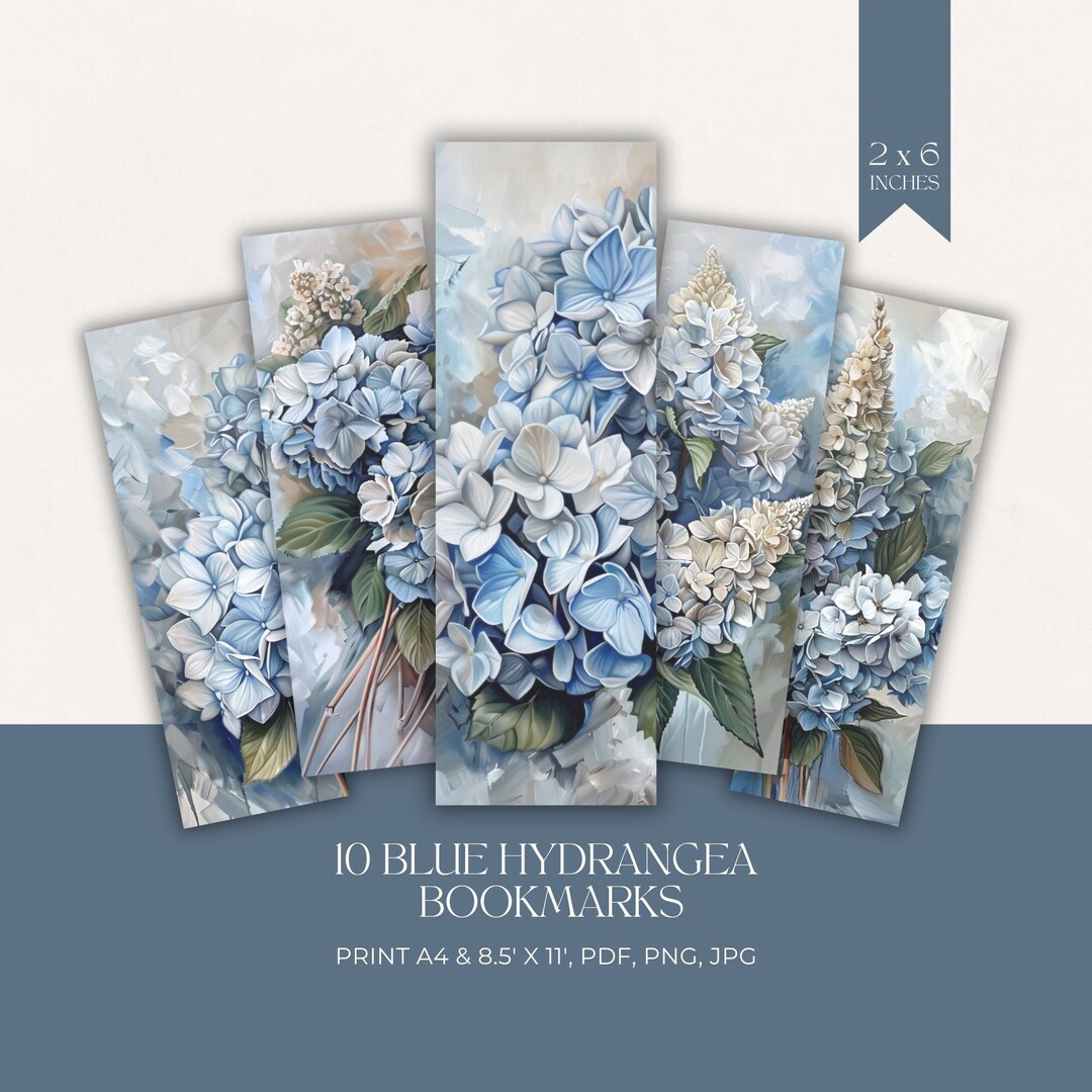 Hydrangea Flower Bookmark Set Printable Blue and White Floral Design ...