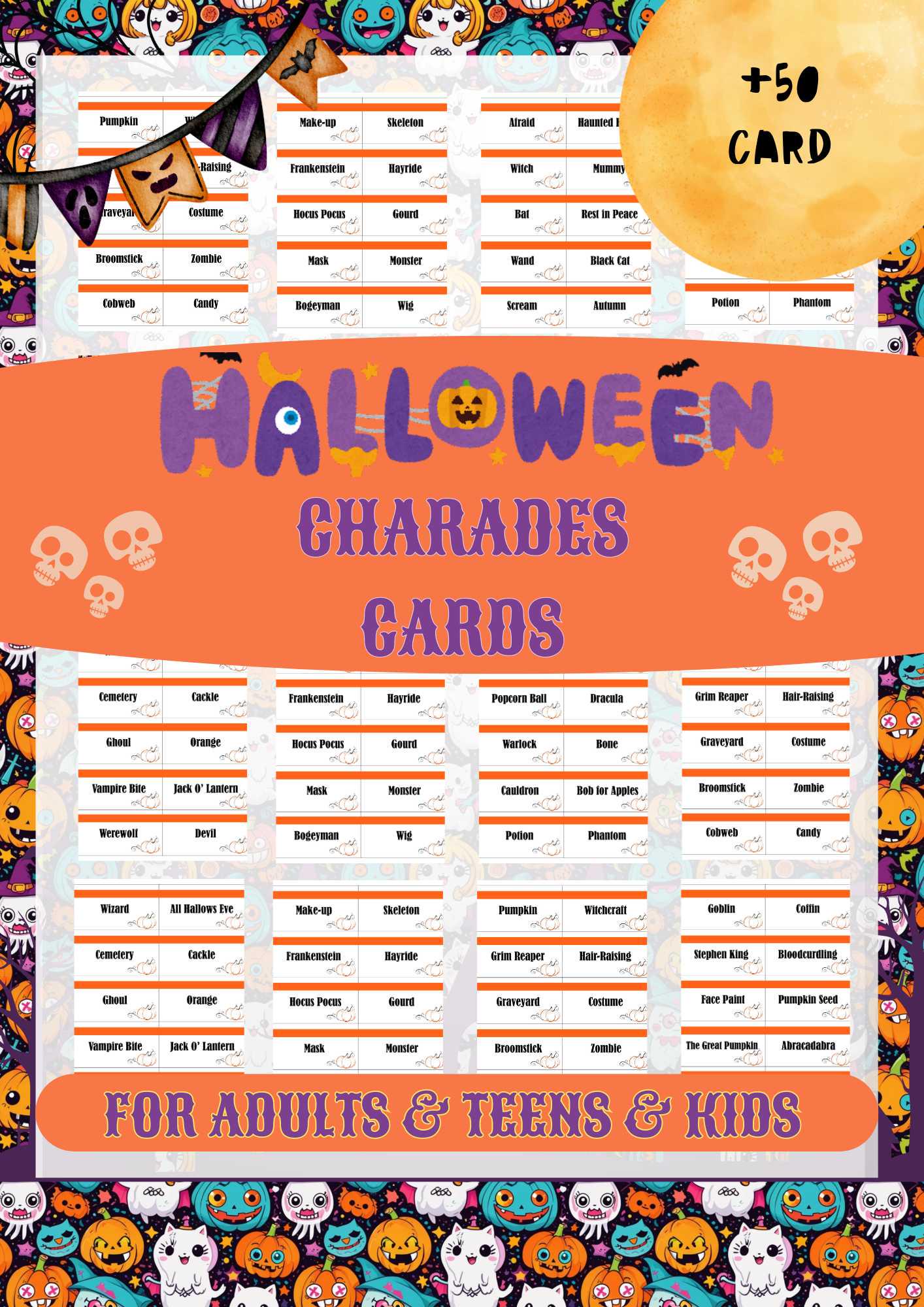 Halloween Charades Game Printable - 100+ Spooky Cards, Family Party Fun ...