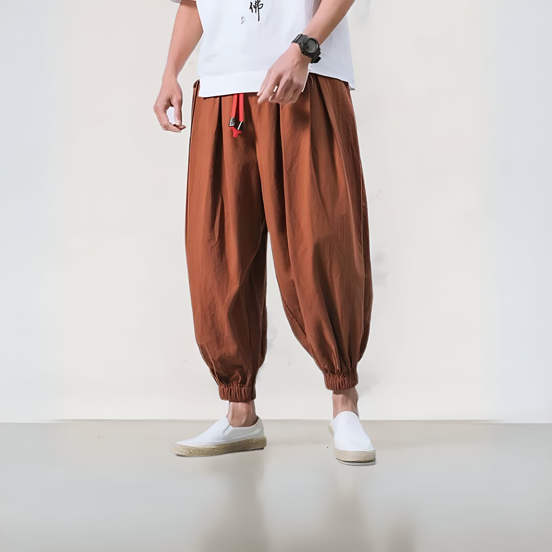 Men's Oversized Loose Chinese Style Joggers Cotton and Linen Sweatpants ...