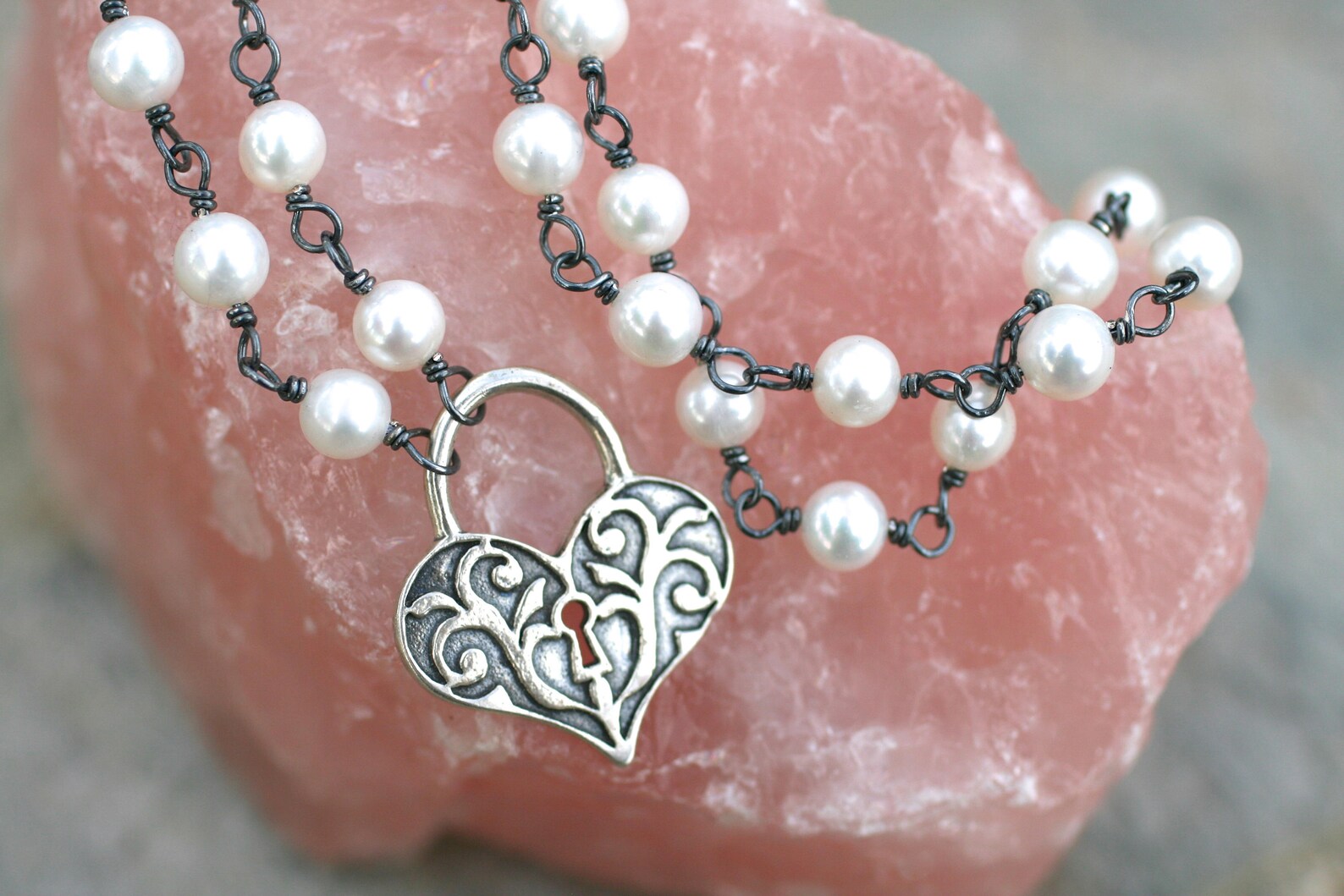White Freshwater Pearl Necklace Valentines Heart Pendant Etsy