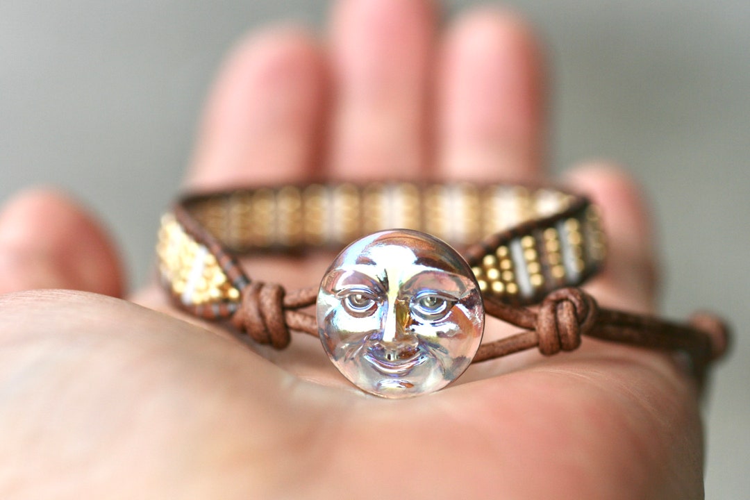 Full Moon Bracelet, Moon Face Leather Wrap, Beaded Wrap Bracelet, Boho ...